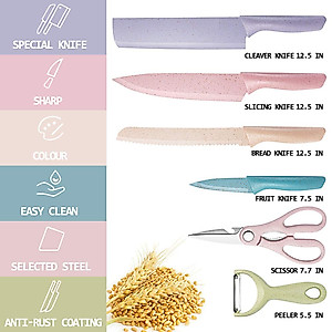 Colorful Kitchen Knife Set, 7 Pieces Sharp Kitchen Knives Set Including Cuchillos, Scissors, Peelers, Cutting Board - Stainless Steel Blade Knife for Slicing, Paring, Chopping, Cooking Knife