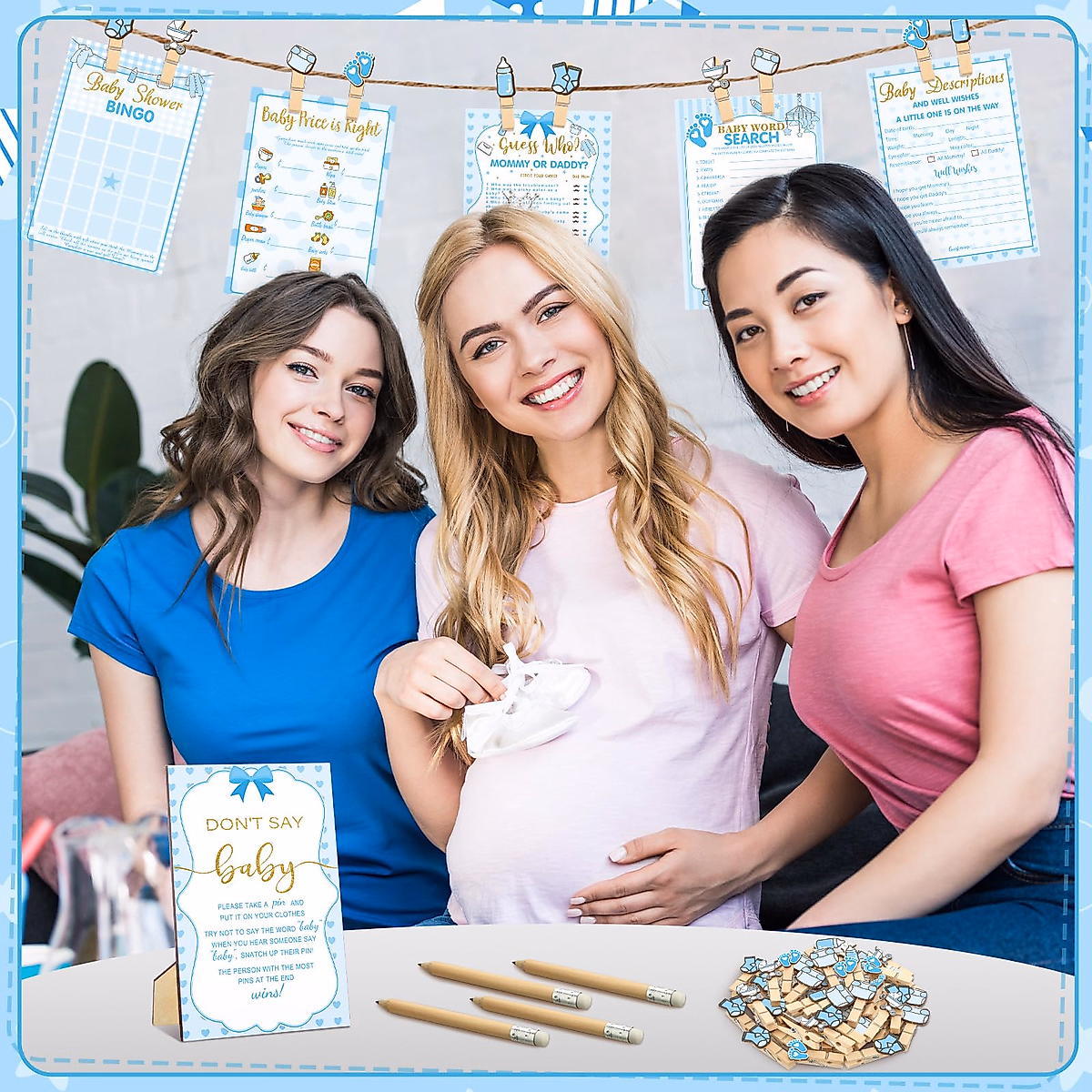Patelai 321 Pcs Baby Shower Games Supplies, 5 Sets (50 Cards Each) Activities Cards with 20 Pencils 1 Don't Say Baby Sign 50 Clothespin(Boy)