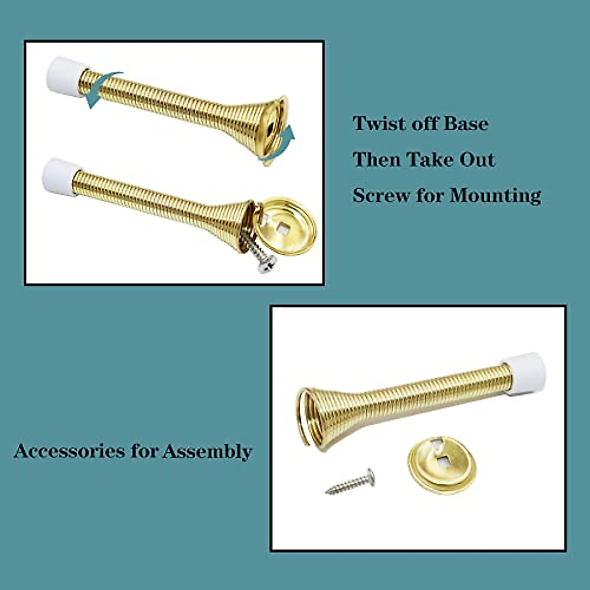GLOBIZ 15 Pack Spring Door Stops Bright Brass 3-1/3”Heavy Duty Door Stops with Flexible Rustproof Spring Steel Wire and Durable Rubber Bumper Tips Noise Absorption Protect Door and Knob
