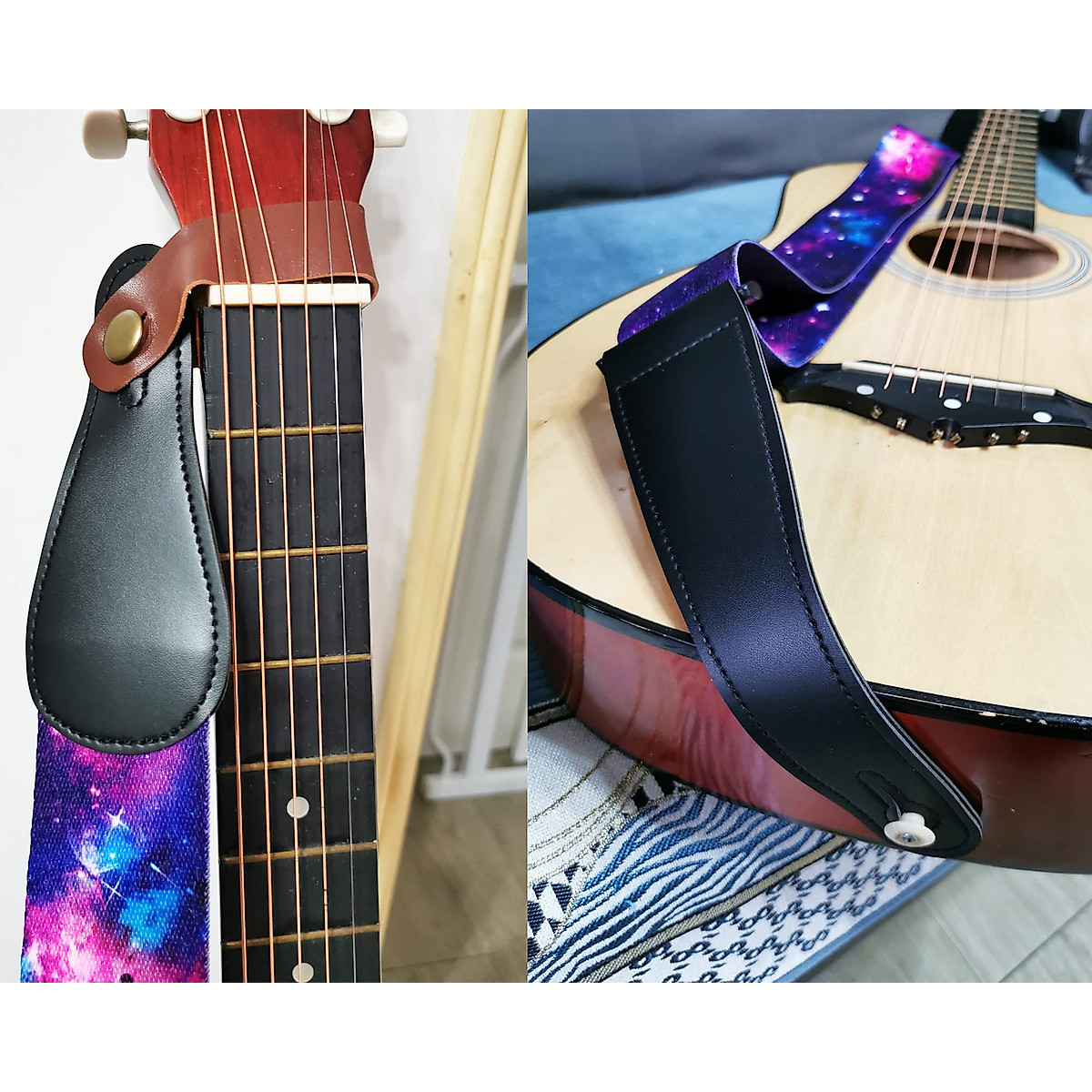 RAUYIVANY Guitar Straps,Beautiful starry sky pattern both ends long leather with strap locks + buttons + 3 picks, adjustable length for acoustic electric and bass guitars accessory