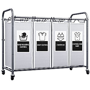 C&AHOME 4-Bag Laundry Sorter Cart, Rolling Laundry Hamper Organizer, Laundry Basket Sorter, Removable Bags with 6 Sorting Cards and Heavy Duty Rolling Lockable Wheel for Clothes Storage, Grey ULSCM04G