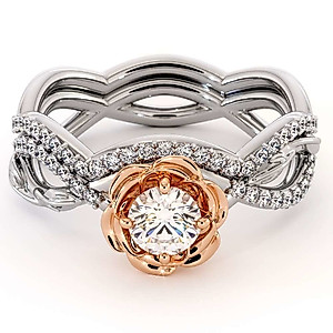 1.8 Ct Round Cut White Diamonds Flower Leaf Twisted Band Two Tone Bridal Wedding Ring Set, 925 Sterling Silver Rhodium Plated (7, Two Tone Finish)