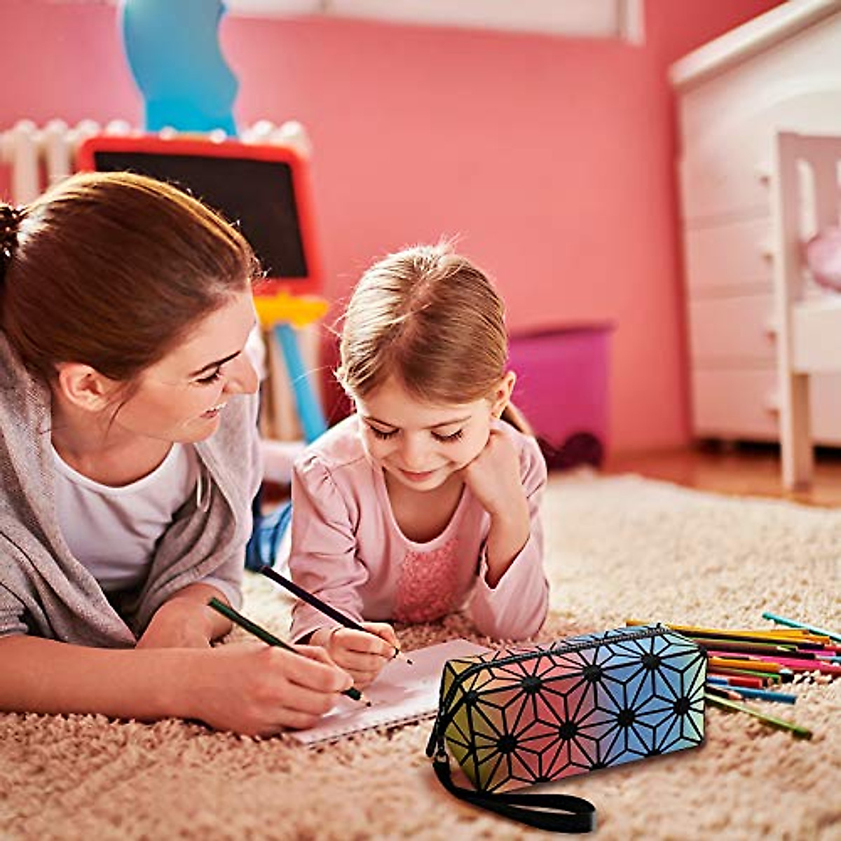 Luminous Pencil Bag Large Capacity Portable Pencil Pouch Geometric Pen Bag Pencil Case Zipper Stationery Bag with Wrist Strap