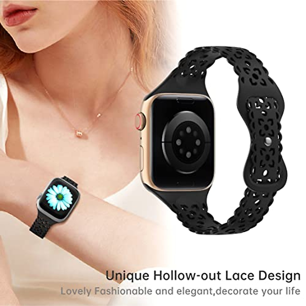 Lace Silicone Band Compatible with Apple Watch Bands 40mm 44mm 41mm 45mm 38mm 42mm Women,Thin Slim Hollow-out Soft Sport Strap Replacement Wristbands for iWatch SE Series 8 7 6 5 4 3 2 1,Black