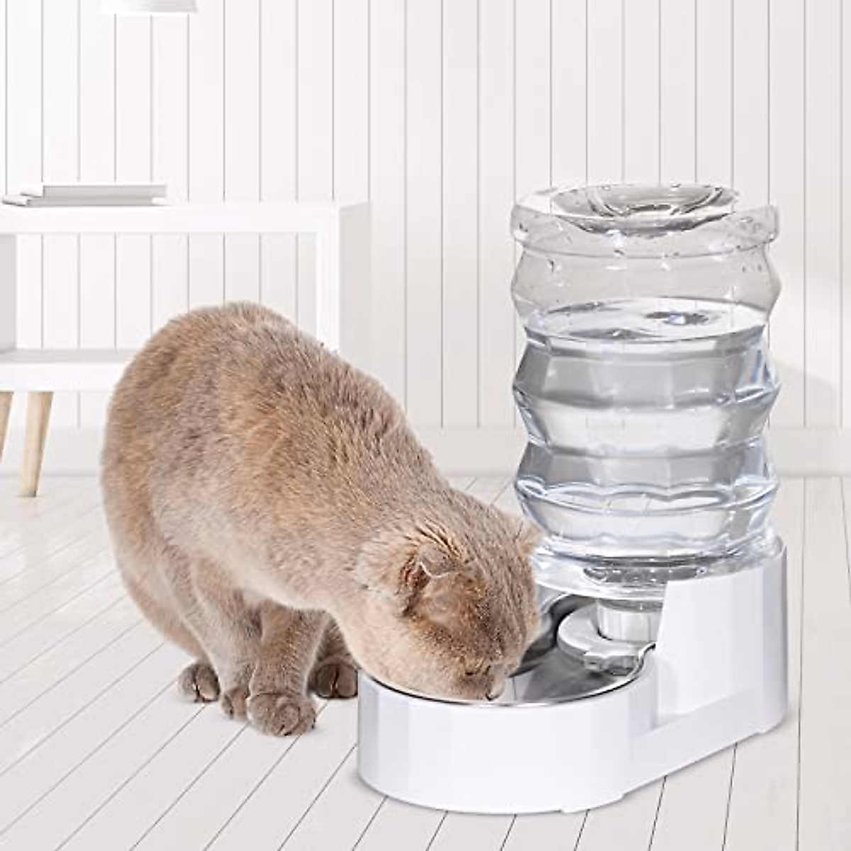 RIZZARI Automatic Pet Waterer, 3.6L Gravity Stainless Steel Water Dispenser, 100% BPA-Free, Large Capacity Water Feeder for Cats and Small and Medium-Sized Dogs(White, Minimum)