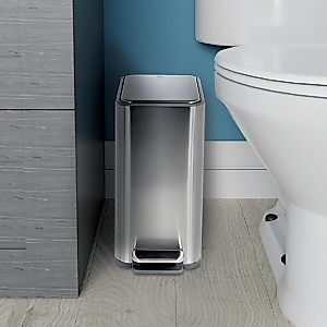 Glad Slim Bathroom Trash Can - Small Garbage Pail with Soft Close Lid & Step Foot Pedal | Narrow Brushed Nickel Waste Basket with Removable Inner Bucket, 2.6 Gallon