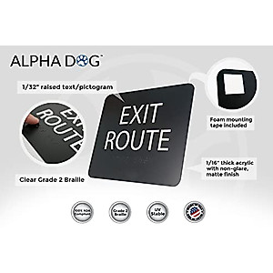 ALPHA DOG Exit Route Sign with Braille - ADA Compliant Tactile Exit Route Sign with Grade 2 Contracted Braille and Raised Text, 5x6 inch, UV Stable for Indoor or Outdoor Use, Made in the USA