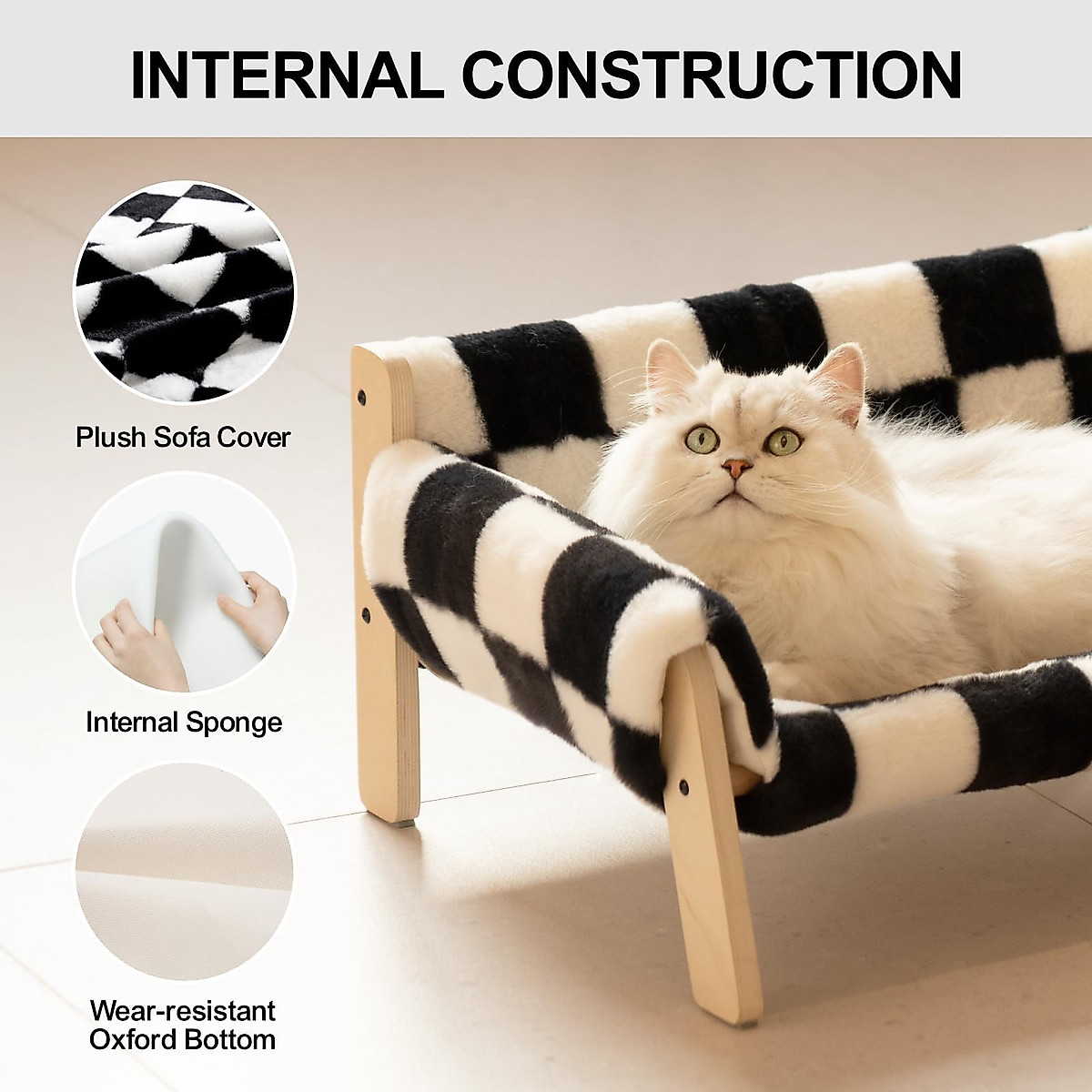 MEWOOFUN Cat Couch Bed, Pet Sofa for Indoor Cats Wooden Indoor Elevated Cat Beds with Removable Mattress Cover Suitable for Kitty, Puppy or Small Animal (Chessboard, Medium)
