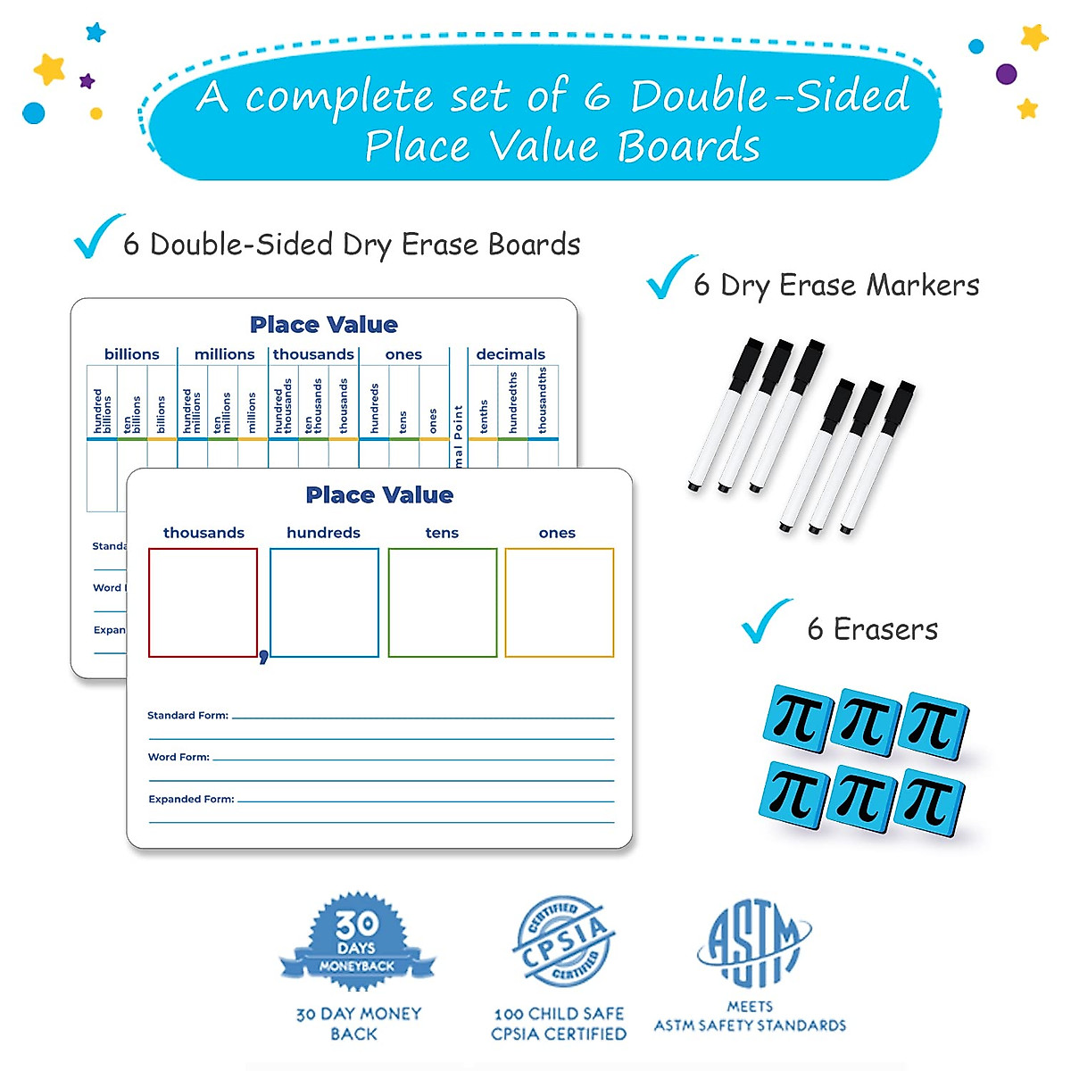 6-Pack Place Value Dry Erase Lap Boards - 9"x12", Individual Whiteboards for Students Classroom Pack, Personal Student Whiteboards, Place Value Chart, Math Teacher Classroom Supplies, Simply Magic