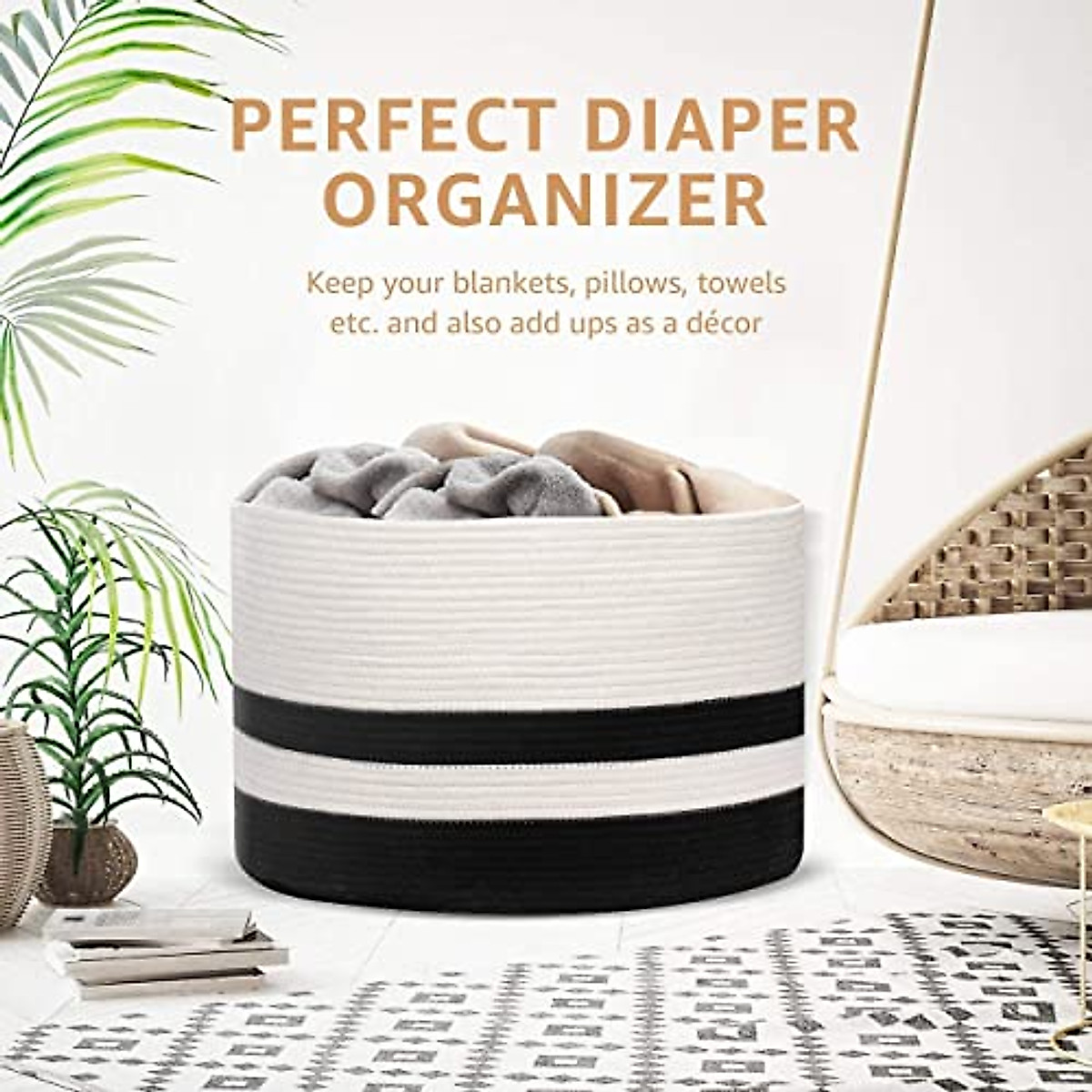Blanket Basket for Living Room Large Cotton Rope Basket 21.7" x 21.7" x 13.8" Woven Laundry Basket Toy Storage Bins Black and White