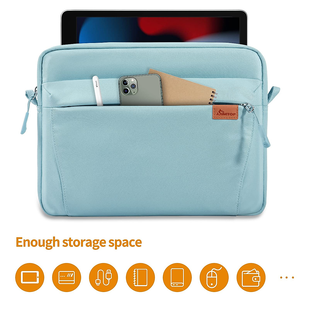 SIMTOP Tablet Sleeve Bag, 11 inch Daily Shoulder Bag for Tablet, Waterproof Crossbody Bag with Smart Organization for Accessories, Essentials Lightweight, YKK Zipper Bag, Polyester (Light Blue)