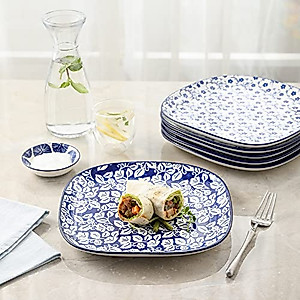 Selamica Porcelain Square Dessert Salad Pasta Plates 7.6 inches ceramic plates set of 6 microwave/dishwasher/oven safe, Vintage Blue