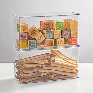 mDesign Plastic Stackable Playroom/Gaming Storage Organizer Bin Box with Hinged Lid for Drawer or Cabinet - Organize Electronics, Crayons, Games, Blocks, Toys, Lumiere Collection - 2 Pack - Clear