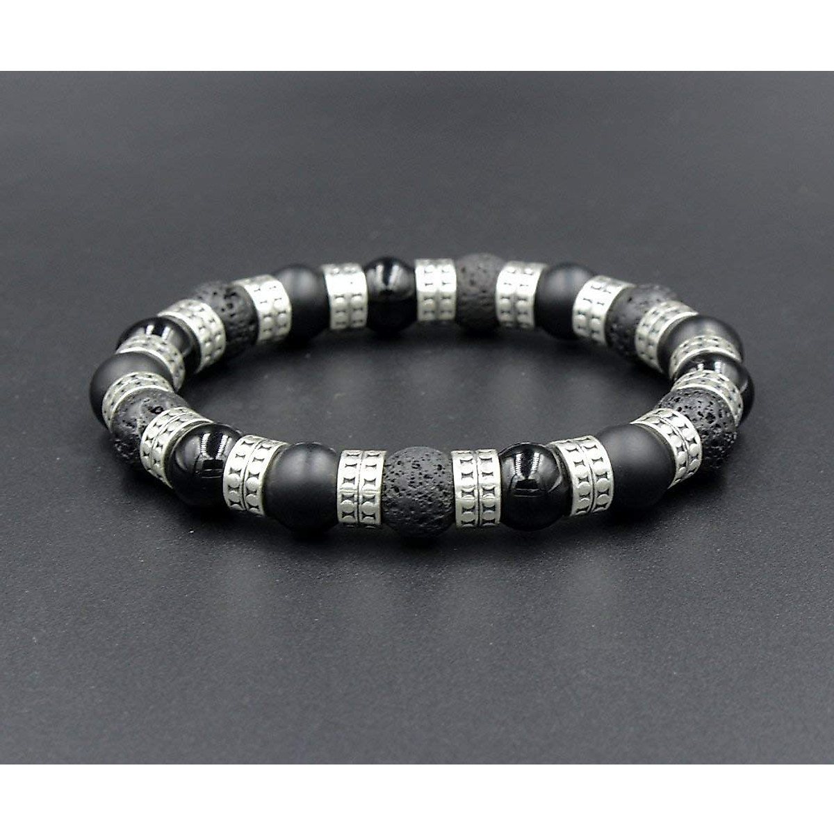 Mixed Black Stone and Sterling Silver Bracelet, Lava Stone, Matte Black, Polished Onyx, Bracelet for Men, Quality Beaded Jewelry