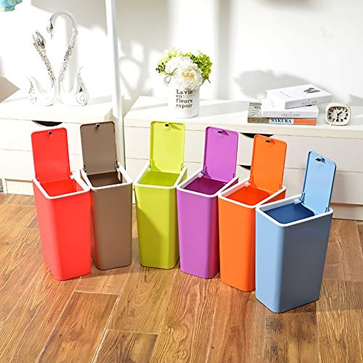 Trash Can Hflove Solid Color Plastic Toilet Trash Bin Push-Button Garbage Can (Green)