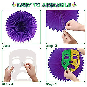 Mardi Gras Paper Fan Decoration Kit Fleur De Lis Flower Garland Green Gold Purple Glittery Cutouts Paper Honeycomb Balls Lanterns Backdrop for Mardi Gras Theme Birthday Masquerade Party Supplies New Orleans Carnival Favors