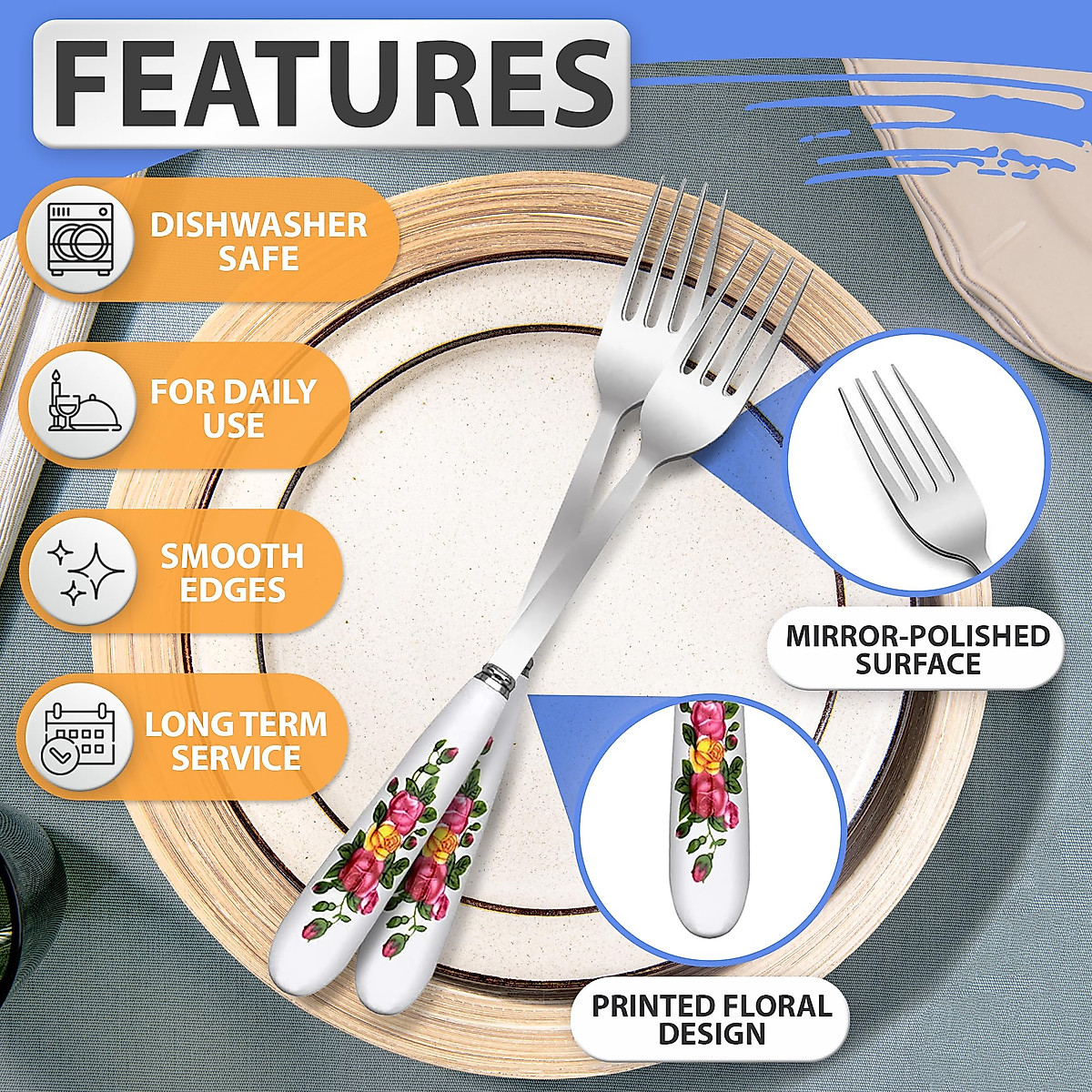 12Pcs Stainless Steel Forks Silverware Set - Reusable Silverware Dinner Forks for Restaurant Ceramic Long Handle Fork Cutlery Set - Dessert Forks and Spoons for Home Kitchen Silverware Forks Set