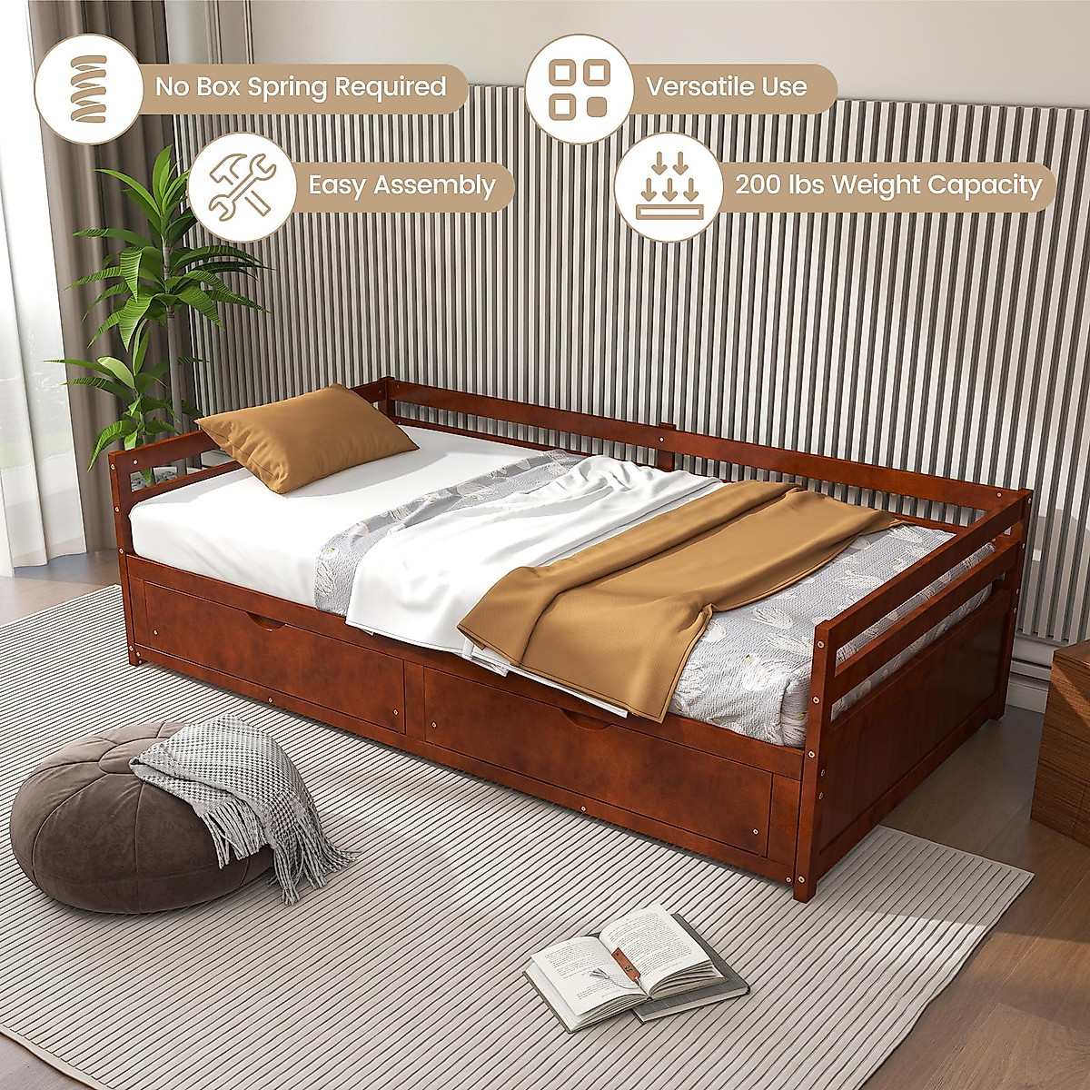 KOMFOTT Wood Daybed with Trundle, Extendable Twin to King Daybed Frame with 2 Storage Drawers, Space Saving Dual-use Sofa Daybed for Bedroom, Guest Room, No Box Spring Required (Walnut)