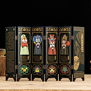 TJ Global Mini 9.5 INCH Tall 6-Panel Traditional Chinese Art for Home Decoration - Decorative Lacquerware, Home Decor, Lacquer, Oriental, Mini Divider (Opera Masks)