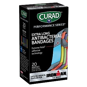 CURAD Performance Series IRONMAN Antibacterial Bandages, Extreme Hold Adhesive Technology, Extra Long Flexible Fabric Bandages for Cuts, Scrapes, & Burns, Assorted Colors, 0.75 x 4.75 inches, 20 Count