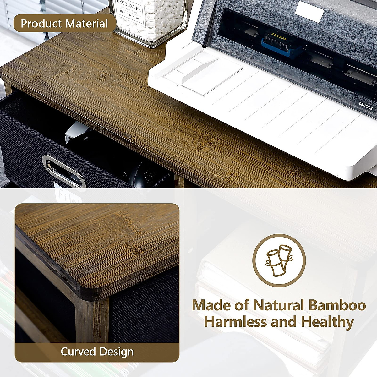 Homde 3 Drawer Bamboo File Cabinet Whit Wheel,Mobile Office Lateral File Cabinets,File Folders for Filing Cabinet,Printer Stand with Open Storage Shelf fits A4 Letter Size for Home Office,Brown