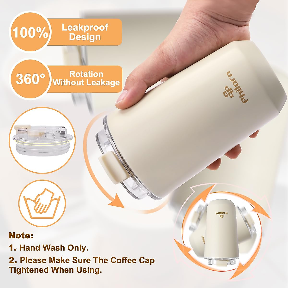 PHILORN Travel Coffee Mug, Coffee Cup-12 OZ Insulated Coffee Mug With Lid, White Stainless Steel Coffee Mug with Double Wall, Thermal Cup for Hot & Cold Drinks…
