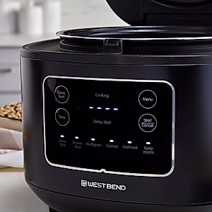 West Bend Programmable Rice & Grain Cooker with 7 Preset Functions, Includes Delay Start and Keep Warm, Features Easy View Window & Steam Basket, 12 Cups Cooked (6 Uncooked), Black