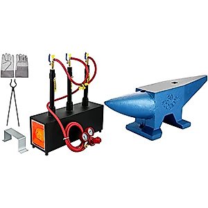 VEVOR Portable Propane Forge Three Burners and Open Structure & Happybuy Single Horn Anvil 66Lbs Cast Steel Anvil Blacksmith