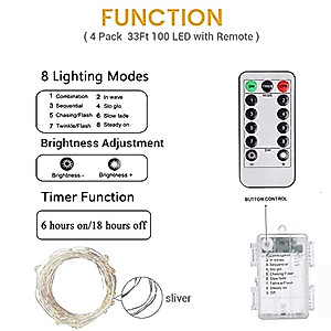 4-Pack 33FT 100 LED Fairy Lights Battery Operated with Remote & Timer, Waterproof String Lights Outdoor Indoor Bedroom Decor, 8 Mode Twinkle Lights for Girl Room Xmas Party Wedding Garden (Warm White)