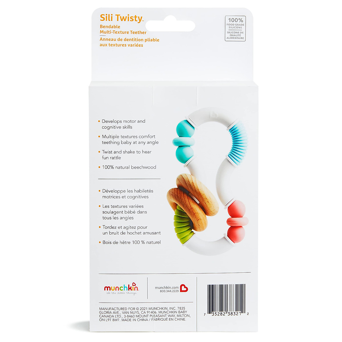 Munchkin® Sili Twisty™ Bendable Baby Teether Toy, Silicone and Wood, BPA Free, 3+ Months