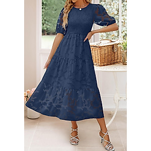 ZESICA Women's 2025 Summer Short Puff Sleeve Crewneck Smocked Floral Lace Flowy A Line Tiered Maxi Dresses,Navy,Large