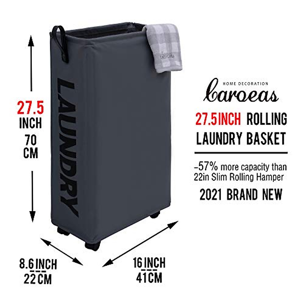 Caroeas X-Large Slim Laundry Baskets 27" Tall with Leather Handle, Laundry Basket on Wheels, Collapsible Laundry Hamper, Rolling Hamper Dorm Baskets