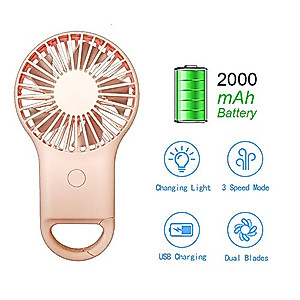 Hido Mini Handle Fan Battery Operate, Rechargeable Carabiner USB Mini Fan with Colorful Light, Portable Mini Handle Fan, Handle Fan Portable With Illumination for Camping Traveling Household, Pink