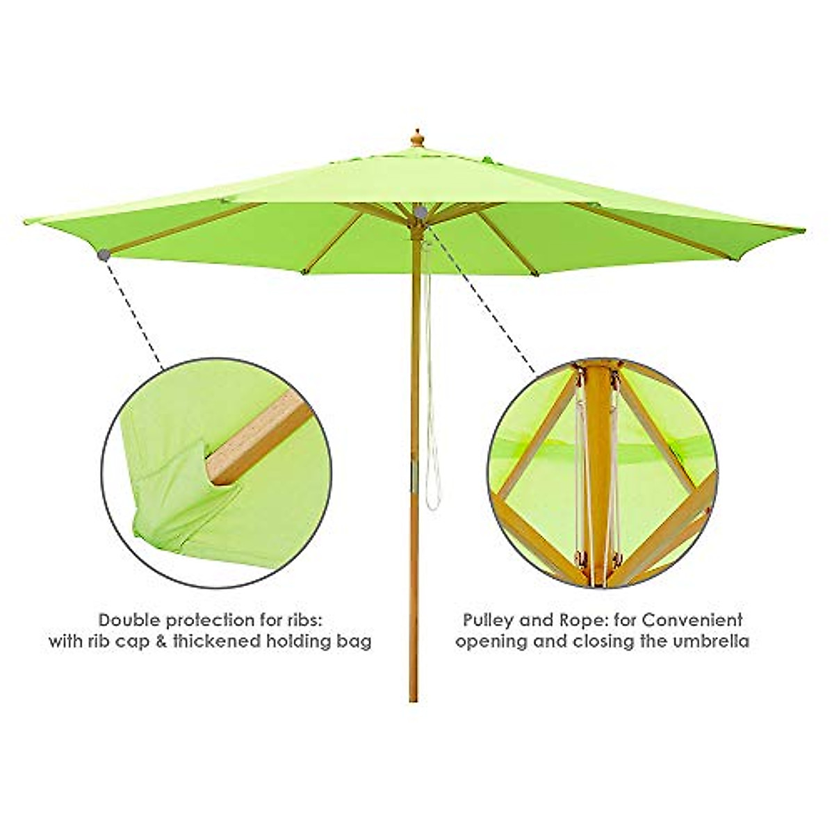Yescom 13ft Wood Patio Umbrella 8 Ribs Outdoor Market Deck Umbrella Backyard Parasol with German Beech Bright Green
