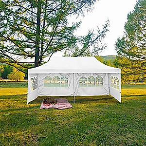 LEISURELIFE Outdoor Pop Up 10'x20' Canopy Tent with Sidewall - Folding Commercial Gazebo Party Tent Blue Red White with Wheeled Carry Bag (4 Sidewalls, White)