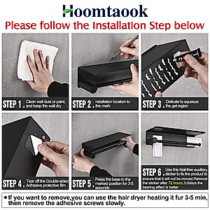 Hoomtaook Paper Towel Holder Wall Mount for Kitchen, Self-Adhesive Paper Towel Roll Holder with Shelf Under Cabinet Paper Towel Holder for Kitchen,Bathroom,Both Available in Adhesive and Screws -Black