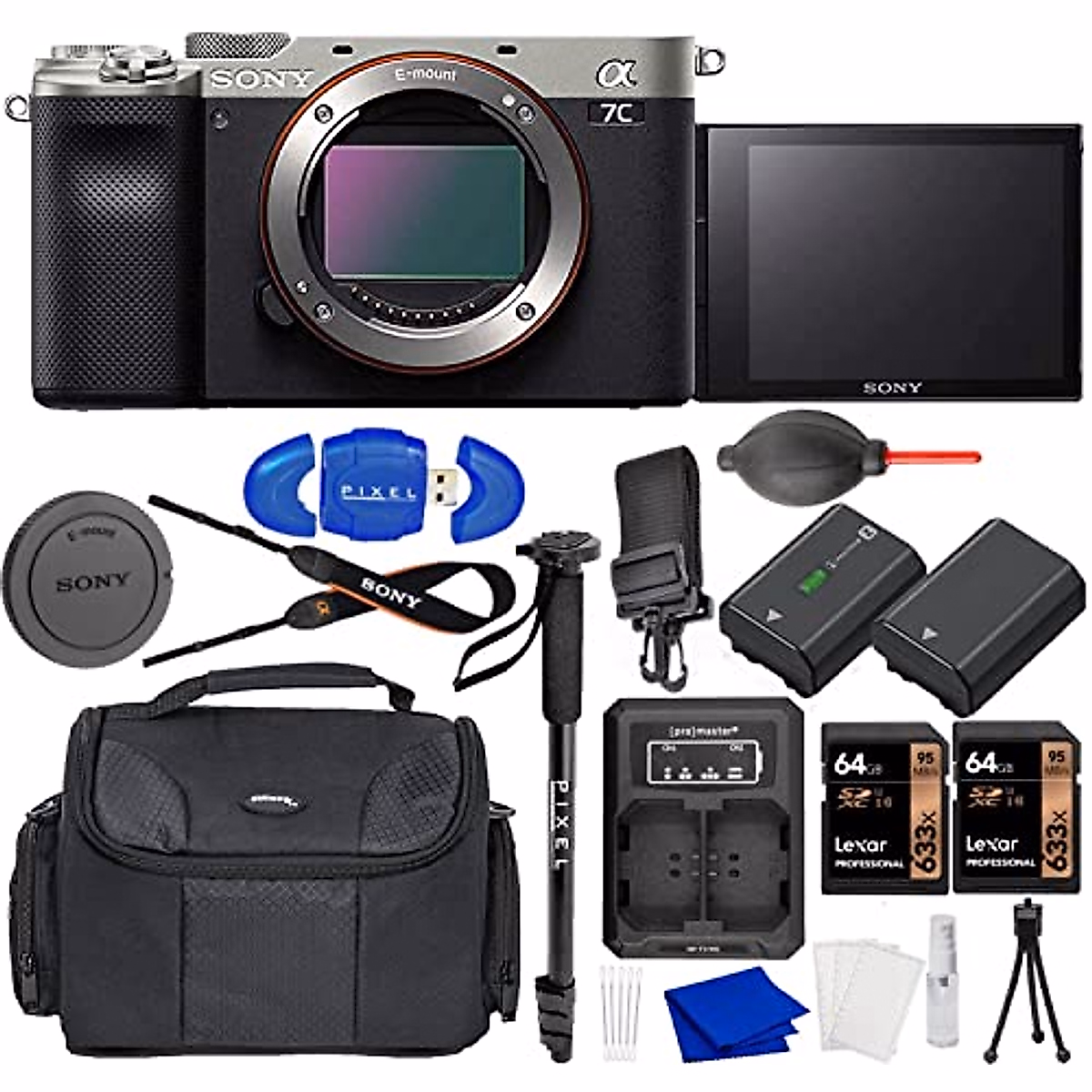 Sony Alpha a7C Compact Mirrorless Camera Bundle with Extra Battery, USB Dual Charger, 2X 64GB SDXC Memory Card, Water Resistant Gadget Bag, Monopod + More