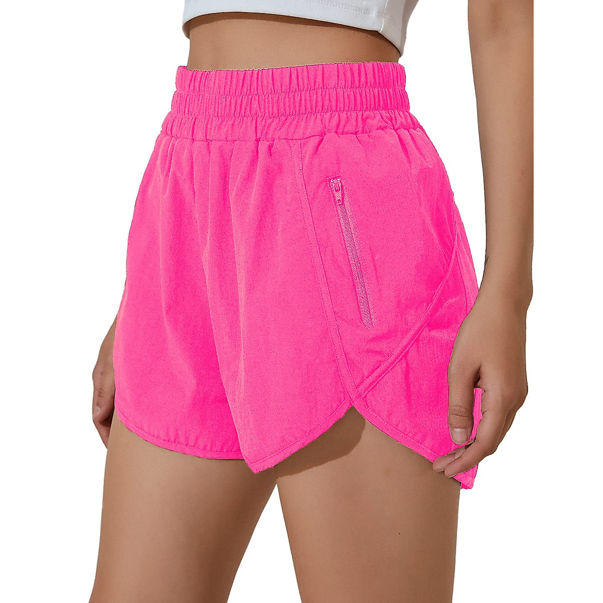 BMJL Women's Running Shorts Elastic High Waisted Shorts Pocket Sporty Workout Short Quick Dry Athletic Shorts Pants(M,Hot Pink)
