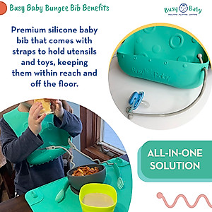 BUSY BABY - Silicone Baby Bib & Bungees, 1-Stop-Drop Travel Bib, 2-Silicone Bungees that Easily Attach to Bib & Keep Things Off the Floor (Pewter)