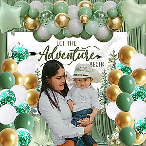 Adventure Awaits Baby Shower Decorations Let The Adventure Begin Backdrop Banner,Tablecloth,Sage Green Balloon Garland for Travel Themed Forest Mountains Woodland Animals Birthday Party Supplies Decor