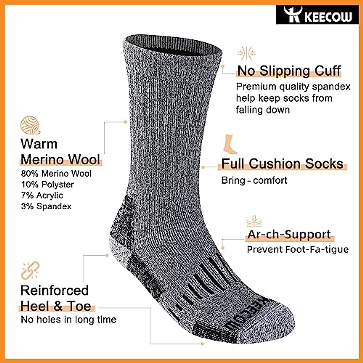 KEECOW Merino Wool Crew Socks For Men & Women, Thermal, Warm, Winter Cushion Socks For Hiking Working Running, 3 Pairs (Large, Charcoal B)