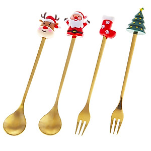 4Pack Stainless Steel Christmas Coffee Spoon and Xmas Dinner Forks Set -Dessert Spoon Fruit fork Ice Cream Iced Tea Spoon, Cake Forks - Gifts for Christmas Party Supply