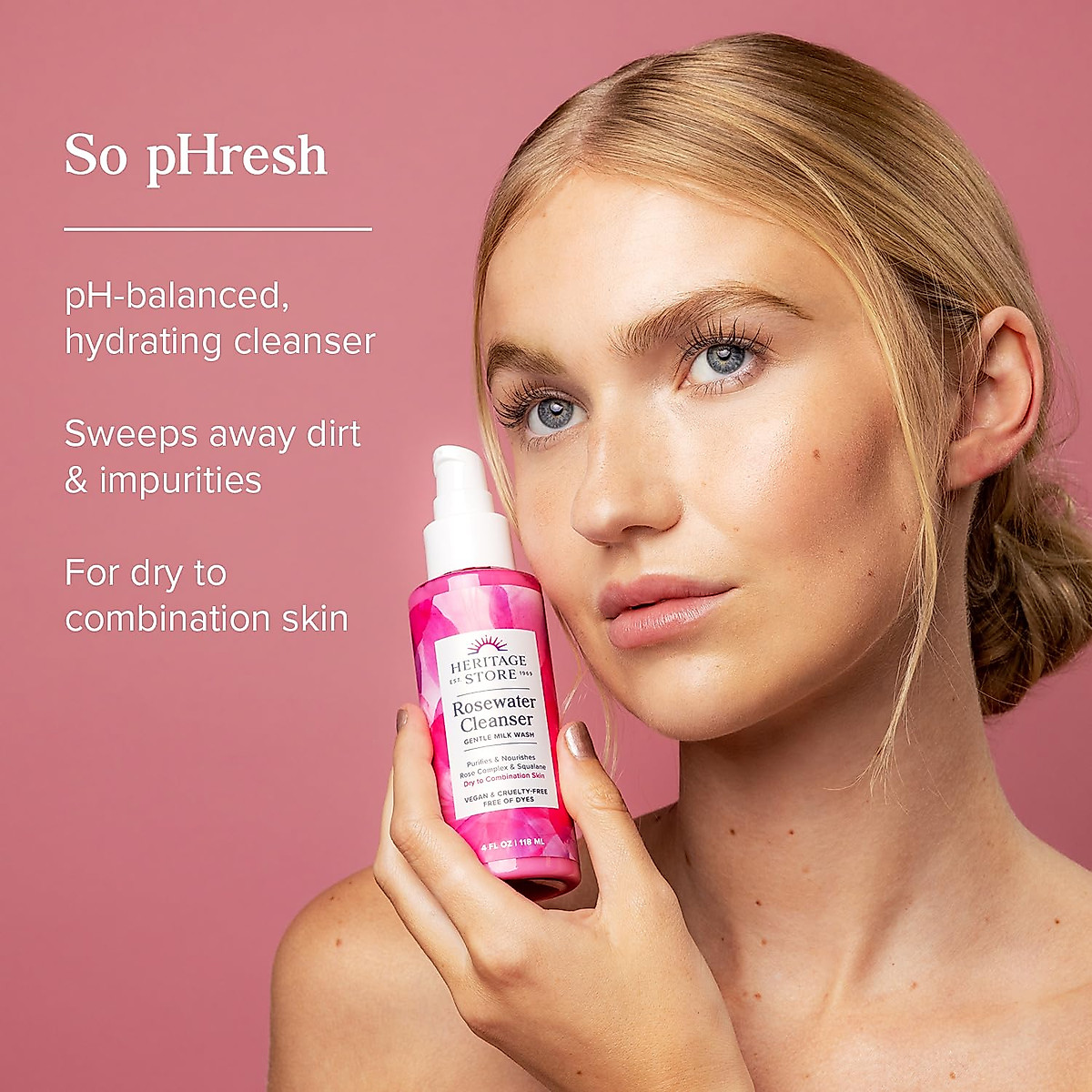 HERITAGE STORE Rosewater Facial Cleanser, pH Balanced Milk Wash Purifies and Nourishes w/ Squalane and Rose Complex, Dry to Combination Skin, Hypoallergenic, Vegan, Cruelty Free, 60-Day Guarantee, 4oz