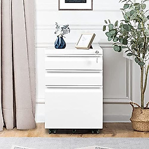 Greenvelly White File Cabinet 3 Drawer on Wheels, Metal Locking Filing Cabinet with Lock, Under Desk Mobile File Cabinet with Hanging Frame and 2 Keys for Legal/Letter/A4 Size, Fully Assembled