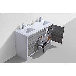 KubeBath Dolce 60″ Double Sink Ash Gray Modern Bathroom Vanity with White Quartz Counter-Top
