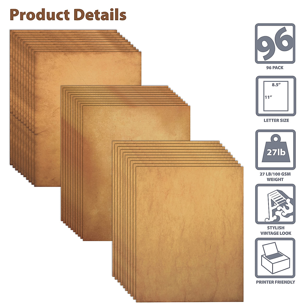 Aged Paper, 96 Sheets of Antique Looking Old Fashion Faux Parchment Paper, Letter Size 8.5 x 11 inch, Double Sided Printing Paper, by Better Office Products, Vintage Old Fashioned Faux Parchment Paper