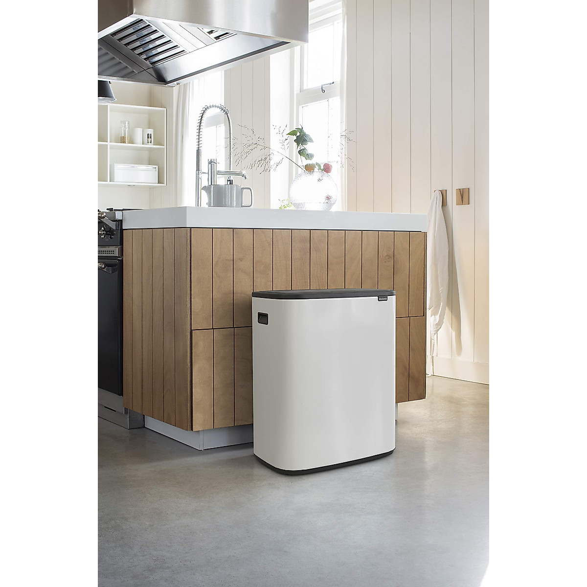 Brabantia Bo Touch Top Trash Can - 1 x 16 Gal Bucket (White) Soft Open/Close Kitchen Garbage & Recycling Can with Removable Compartment