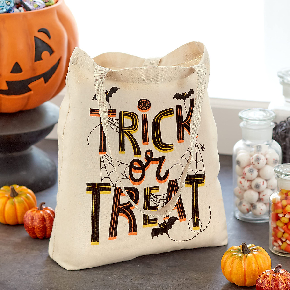 Hallmark 13" Large Halloween Tote Bag ("Trick or Treat," Bats and Spiders) Reusable Canvas Bag for Trick or Treating, Grocery Shopping and More