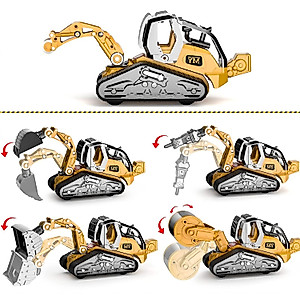 Gemini&Genius Construction Truck 4 in 1 Excavator with Metal Loader Shovel, Roller Shovel and Impact Hammer Construction Vehicle Die-cast Toys for Kids (Wheeled with Tracked)