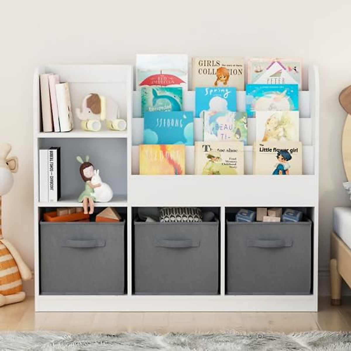 AOCOROE Kids Bookshelf, Wooden Bookcase, Toy Storage Cabinet Organizer with 4-Tires Bookshelf, Book Organizer with 3 Collapsible Fabric Drawers